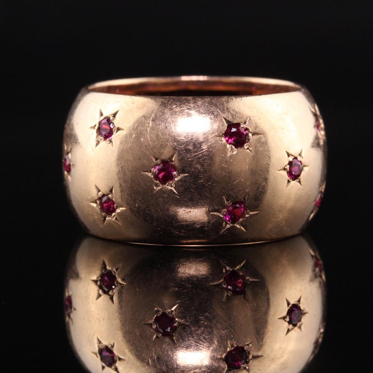 Vintage Estate 14K Rose Gold Ruby Star Pattern Wide Wedding Band at 1stDibs