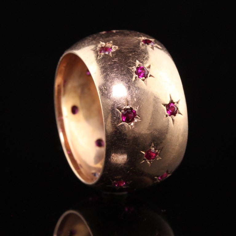 Vintage Estate 14K Rose Gold Ruby Star Pattern Wide Wedding Band at 1stDibs