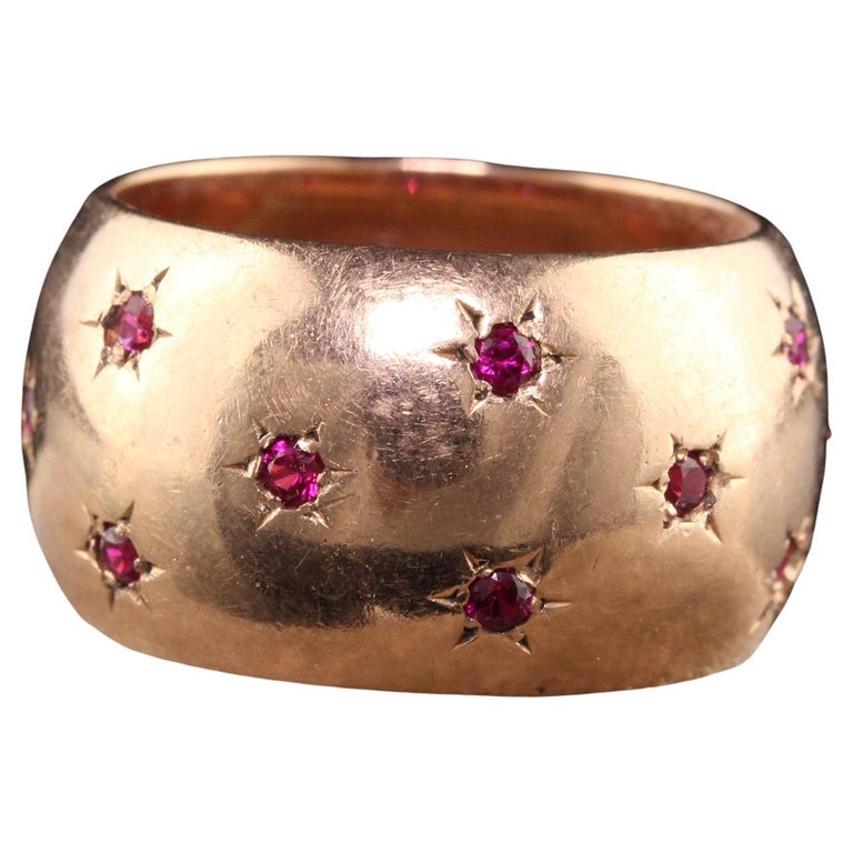 Vintage Estate 14K Rose Gold Ruby Star Pattern Wide Wedding Band at 1stDibs