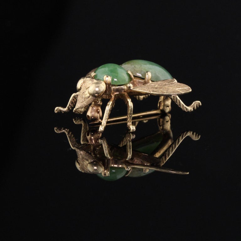 Vintage Estate 14 Karat Yellow Gold Jade Bee Brooch at 1stDibs