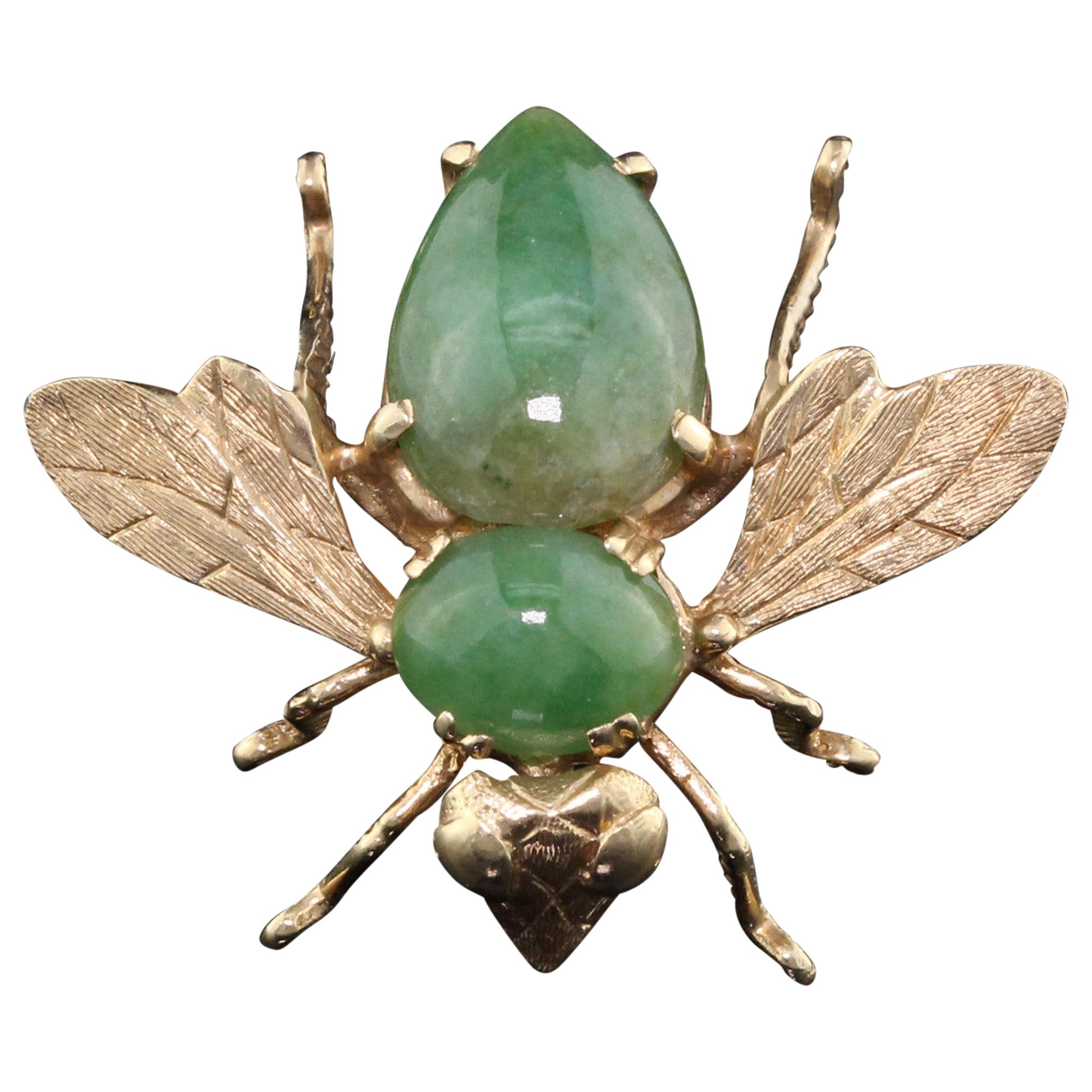 Vintage Estate 14 Karat Yellow Gold Jade Bee Brooch at 1stDibs