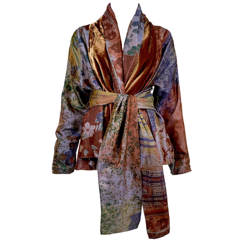 Etro Printed Silk and Velvet Patchwork Kimono Jacket with Sash Belt and Draperies at 1stDibs