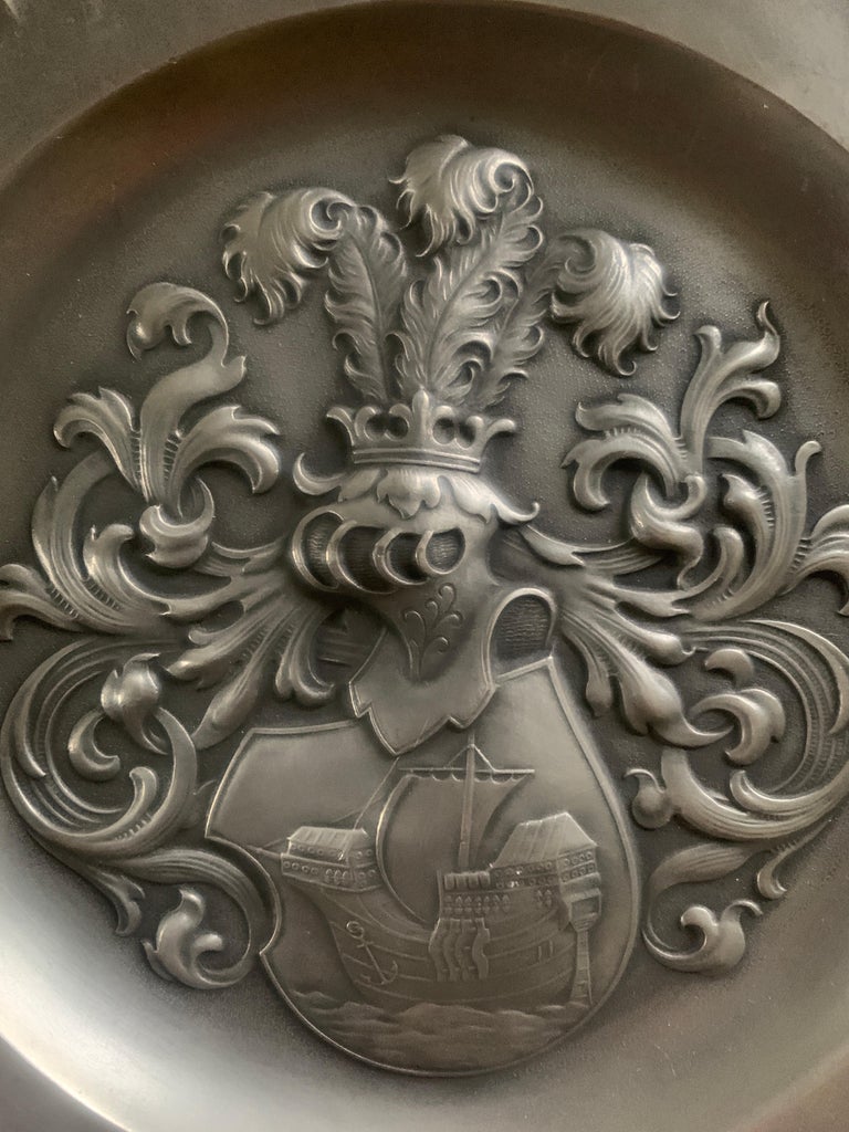 Vintage European Pewter Wall Plate with Coat of Arms For Sale at 1stDibs