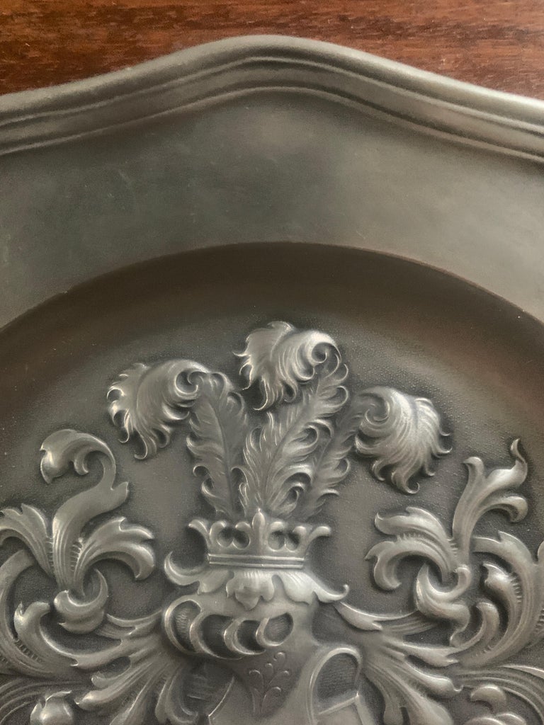 Vintage European Pewter Wall Plate with Coat of Arms For Sale at 1stDibs