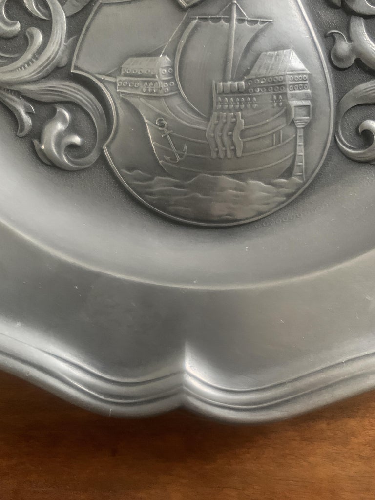 Vintage European Pewter Wall Plate with Coat of Arms For Sale at 1stDibs