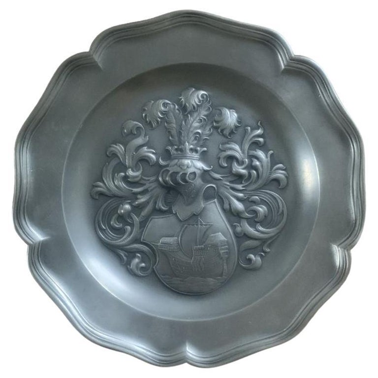 Vintage European Pewter Wall Plate with Coat of Arms For Sale at 1stDibs