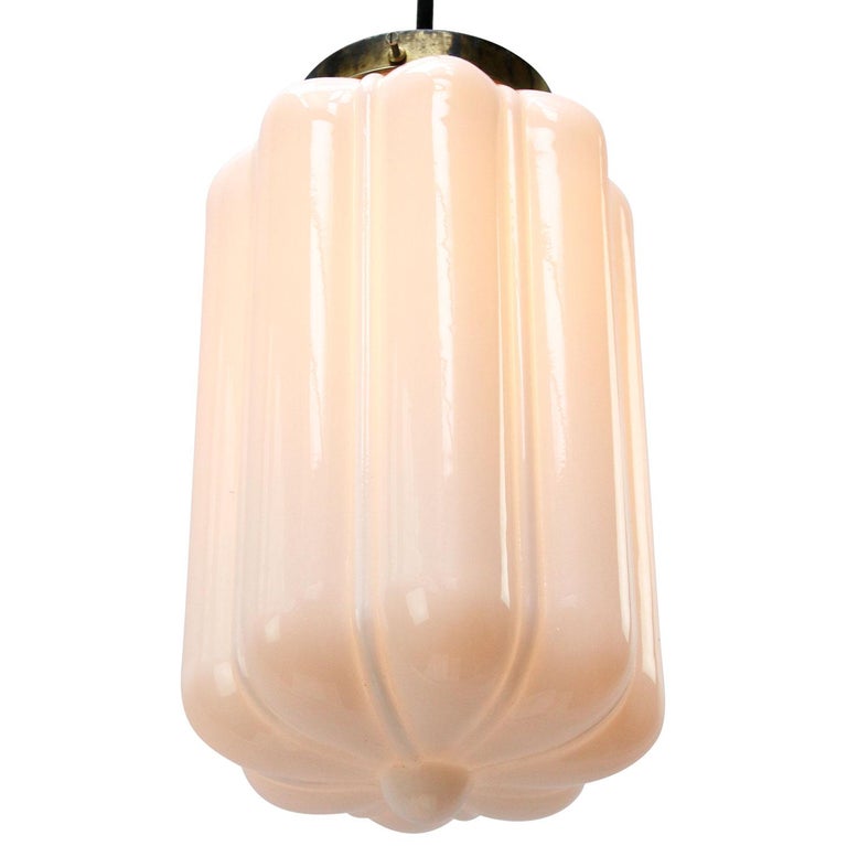 Vintage European White Opaline Milk Glass Brass Pendant Light For Sale ...