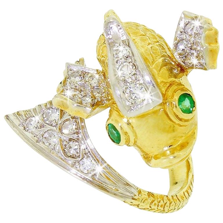 Vintage Exquisite 18 Karat Gold Diamond Emerald Koi Carp Fish Wrap Ring ...