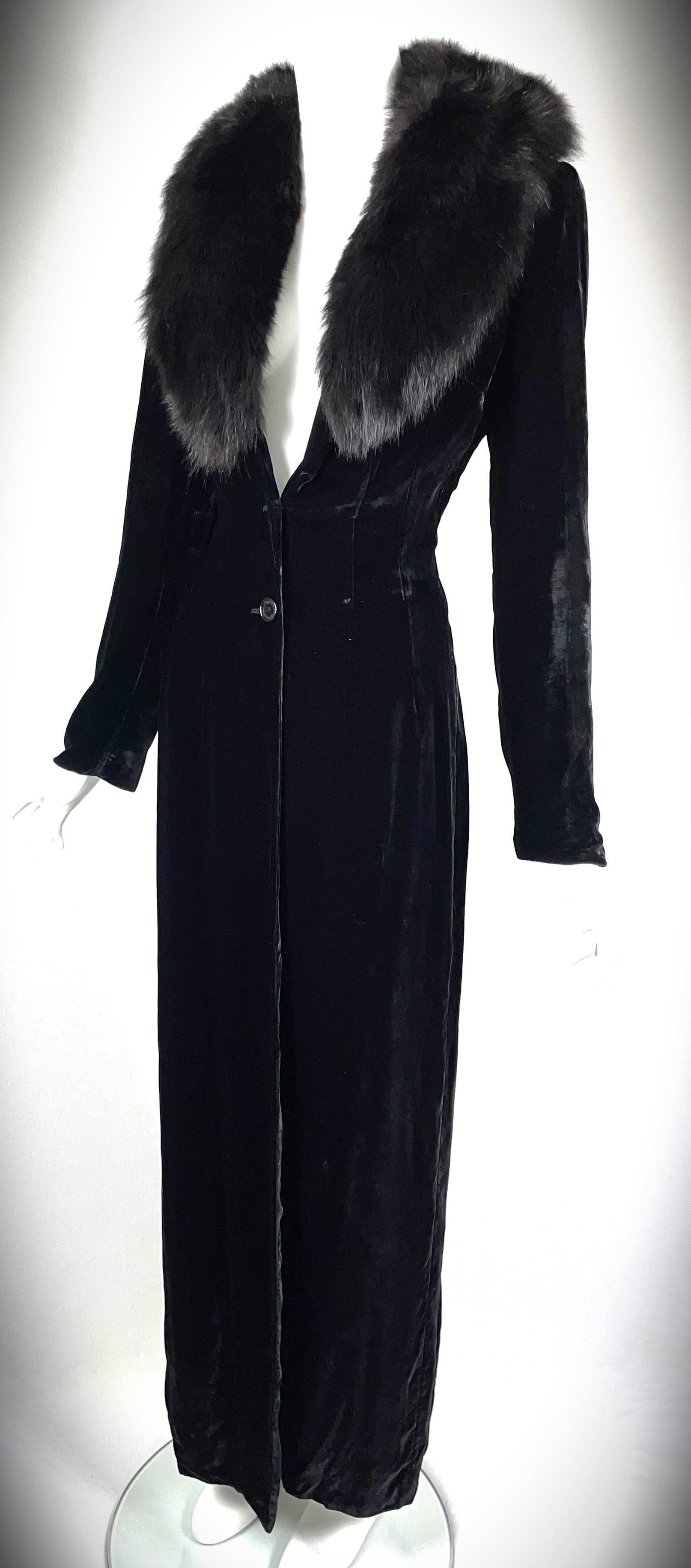 Vintage F/W 1997 Dolce and Gabbana Black Velvet and Faux Fur Long Coat Dress For Sale at 1stDibs