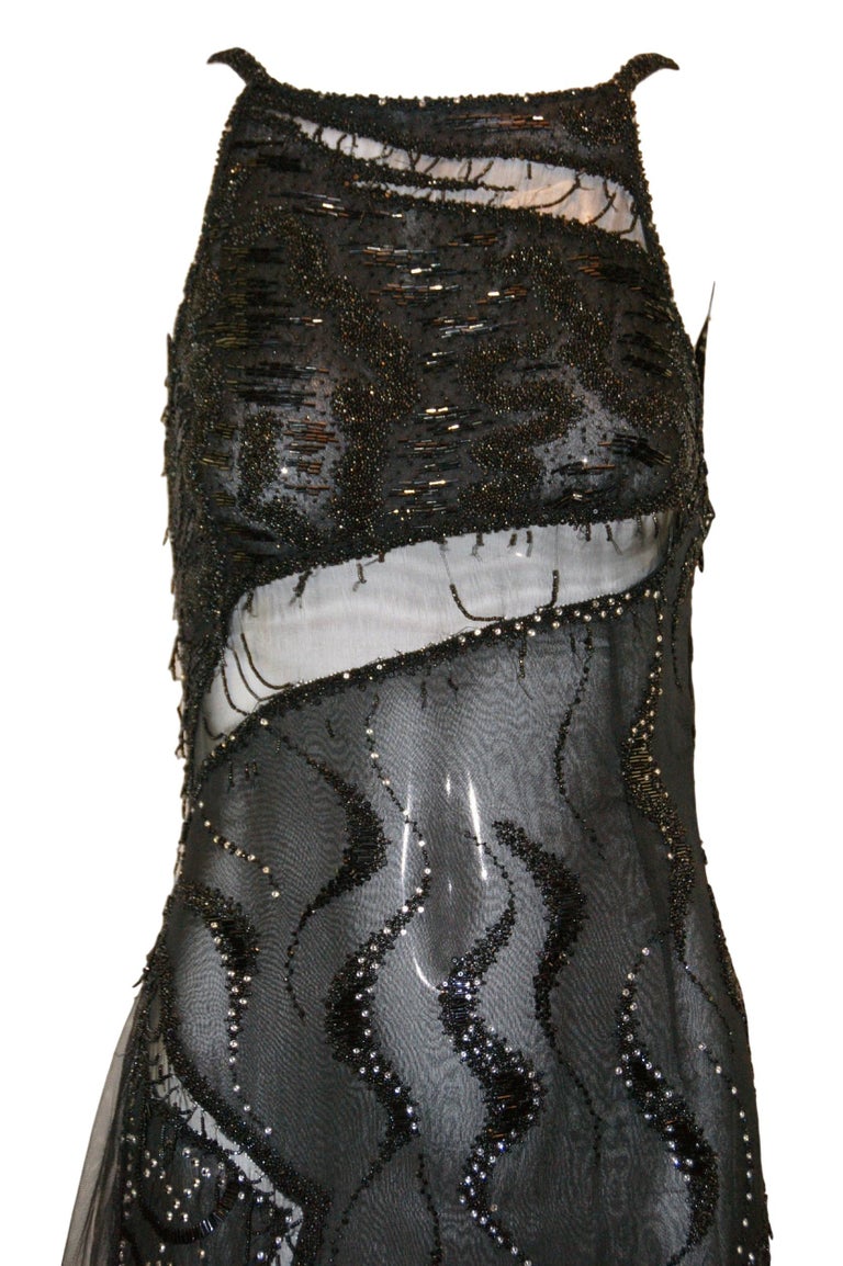 Vintage F/W 1999 Gianni Versace Runway Sheer Beaded Black Silk Gown ...