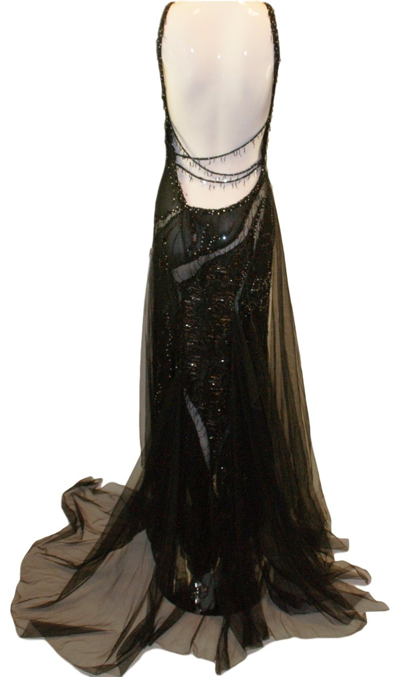 Vintage F/W 1999 Gianni Versace Runway Sheer Beaded Black Silk Gown ...