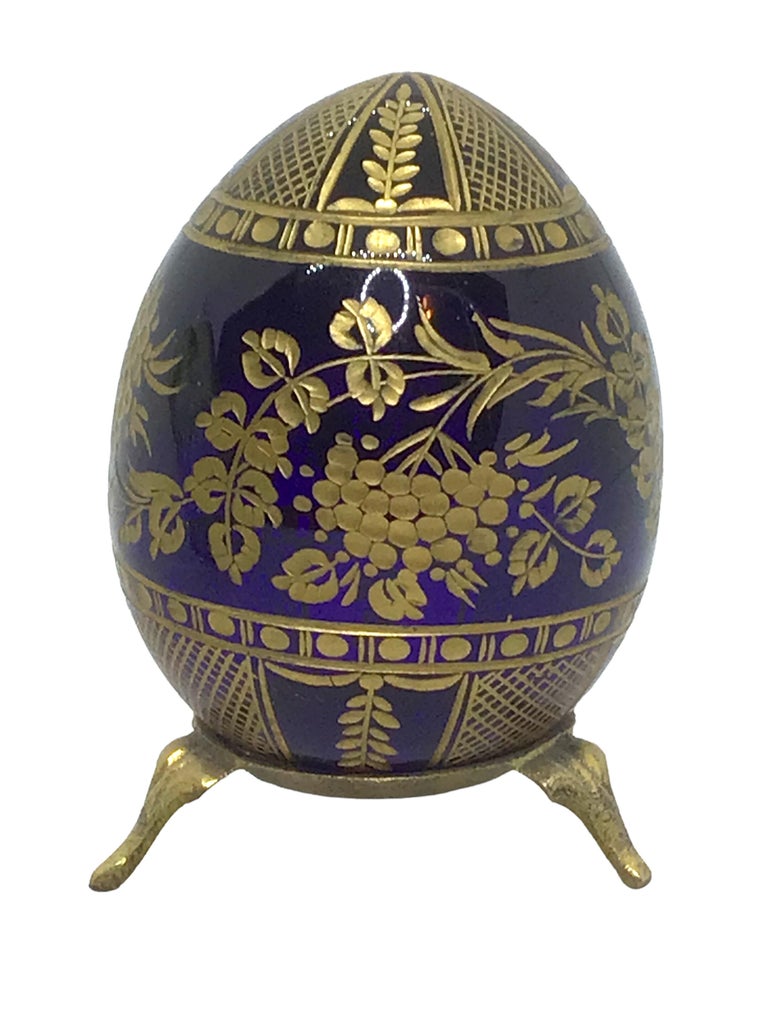 Vintage Faberge Russia Style Blue Glass Egg with Etched Decorations For ...