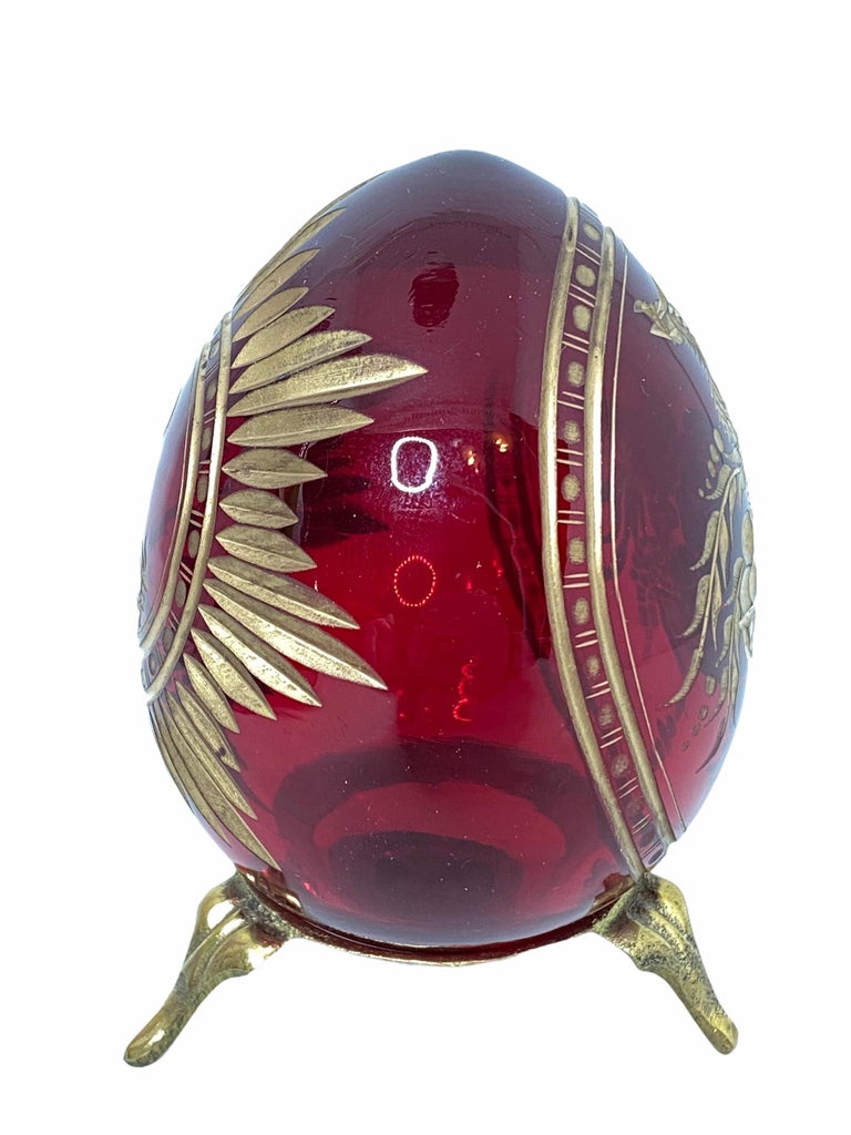 Vintage Faberge Russia Style Ruby Red Glass Egg with Etched Royal Crest ...