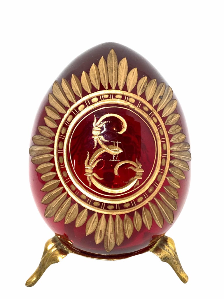 Vintage Faberge Russia Style Ruby Red Glass Egg with Etched Royal Crest ...