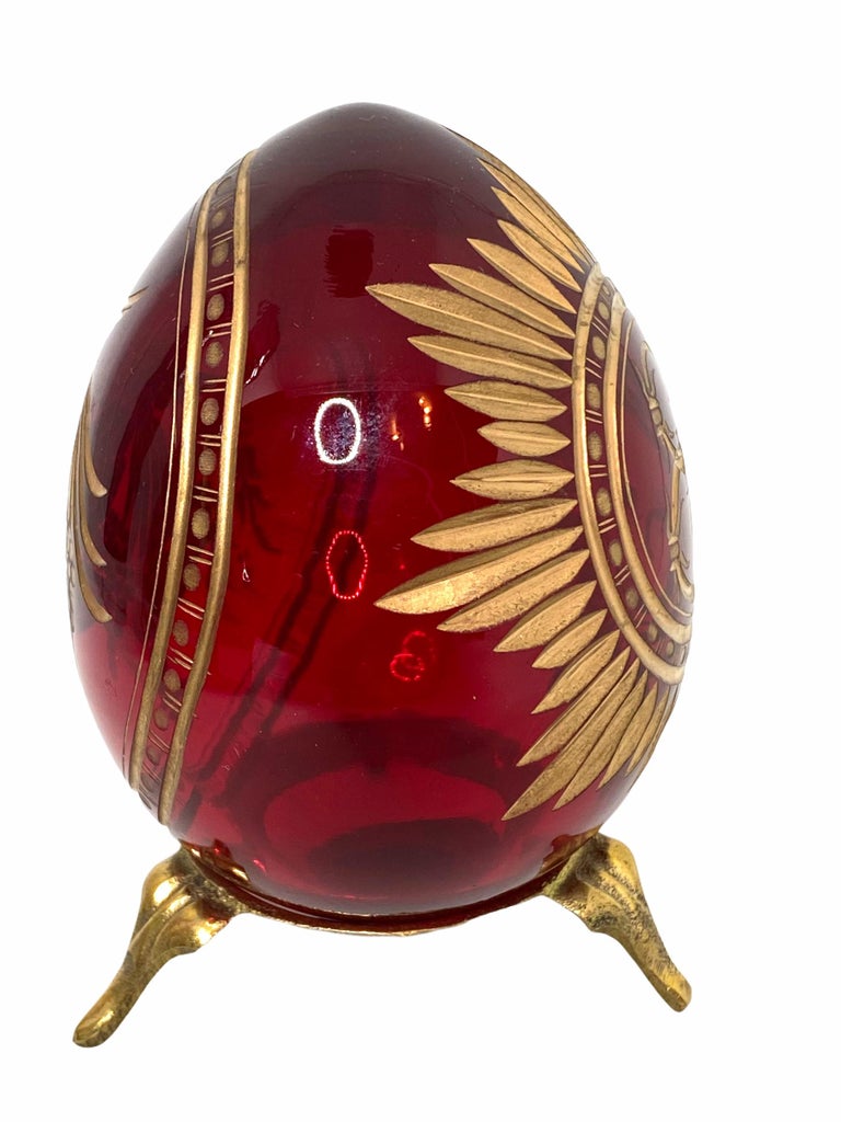 Vintage Faberge Russia Style Ruby Red Glass Egg with Etched Royal Crest ...