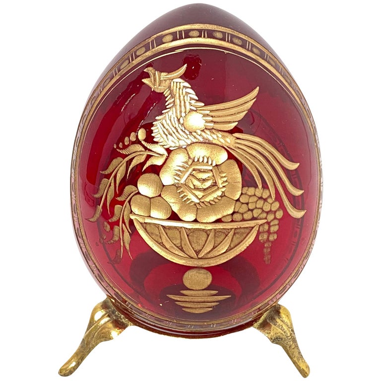 Vintage Faberge Russia Style Ruby Red Glass Egg with Etched Royal Crest ...