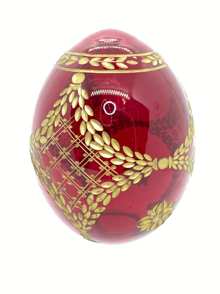 Vintage Faberge Russia Style Ruby Red Glass Egg with Etched Royal ...