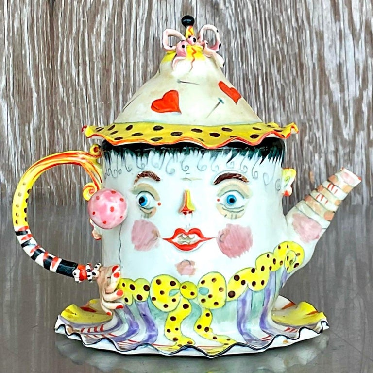 Vintage Face Painted Colorful Tea Pot For Sale at 1stDibs