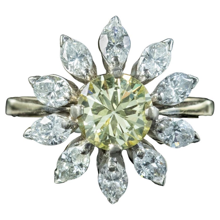 Vintage Fancy Yellow Diamond Daisy Ring 3.27ct of Diamond with Cert For ...