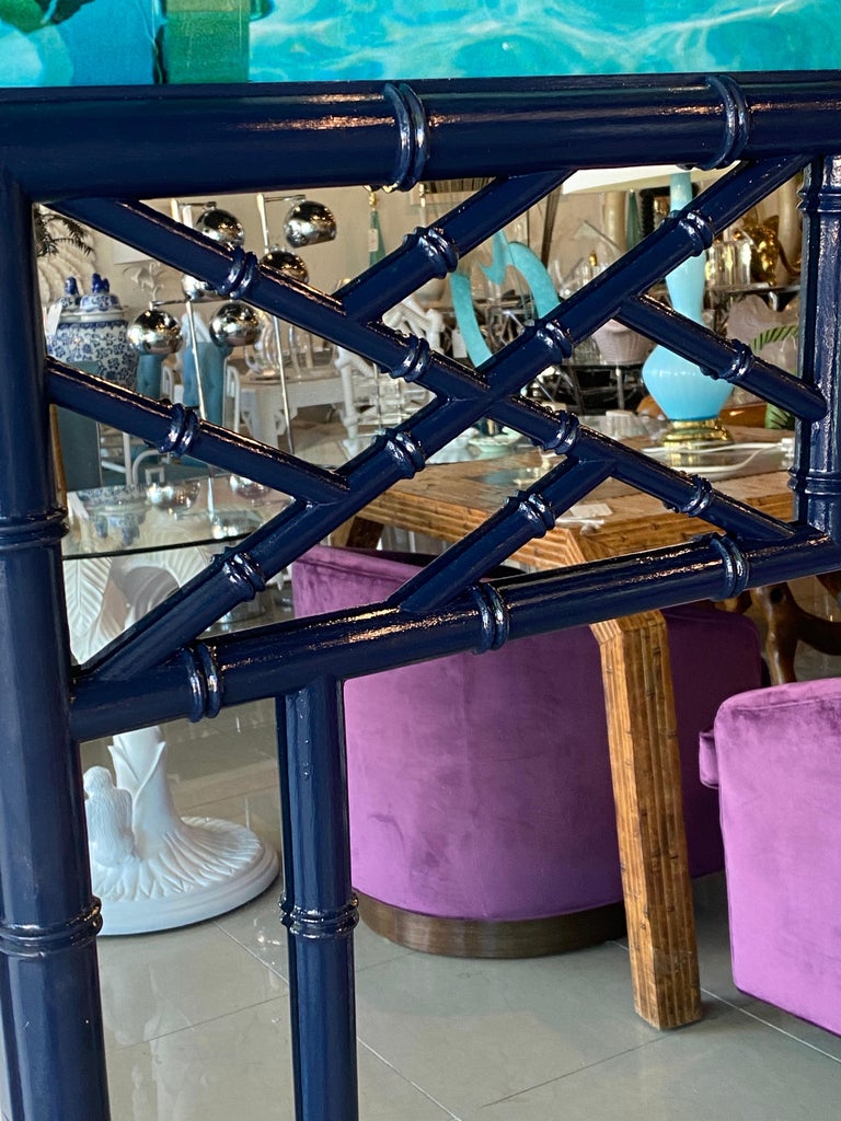 Vintage Faux Bamboo Chinese Chippendale Navy Blue Lacquered Wall Mirror ...