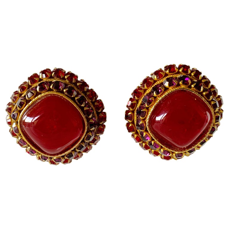 Vintage Faux Ruby French Designer Gilt Earrings at 1stDibs