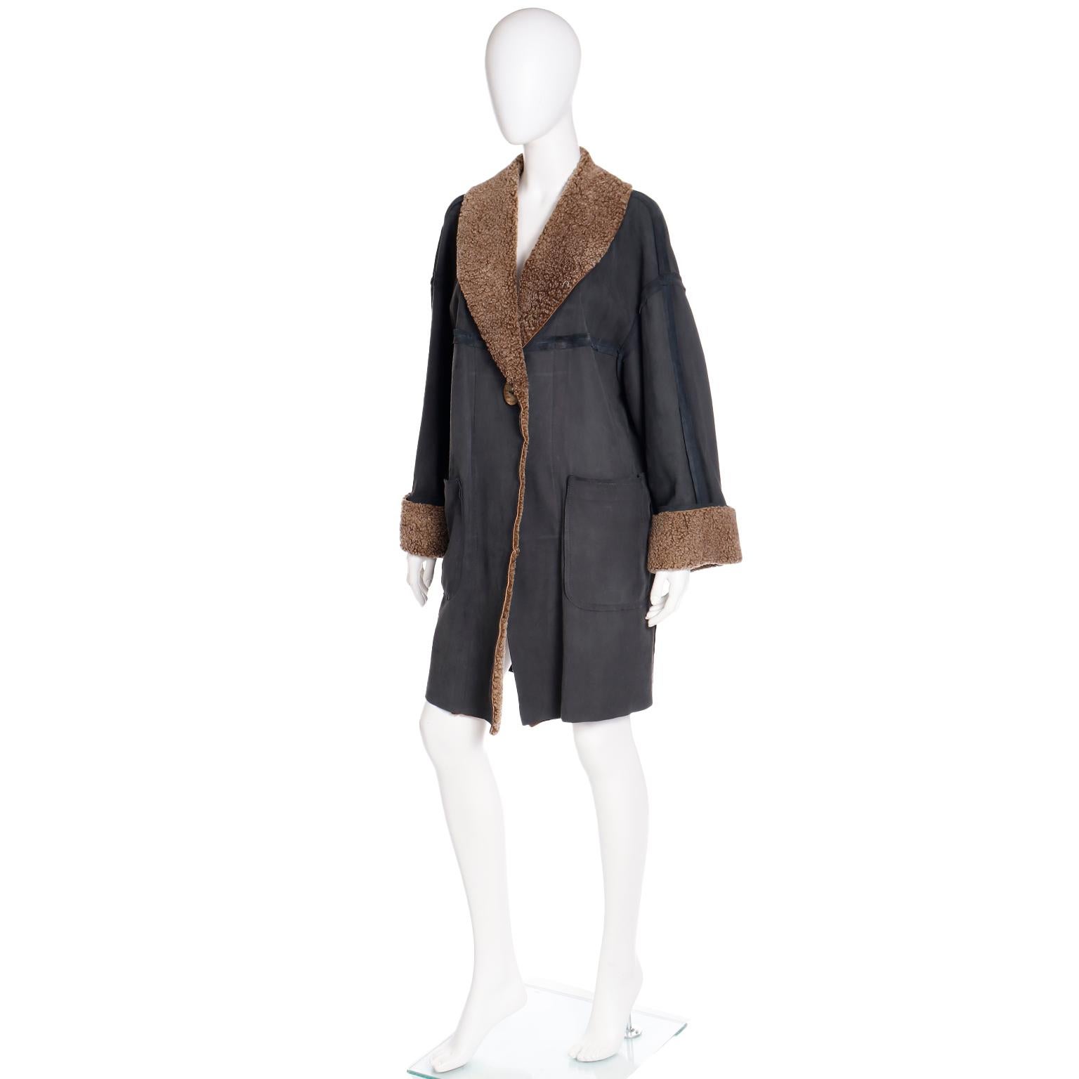 Vintage Fendi Lightweight Gray Green Shearling Coat With Lambswool Trim ...