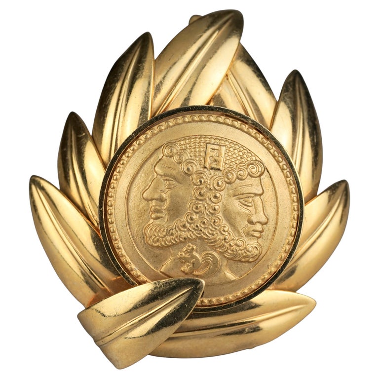 Vintage FENDI Logo Roman Profile Laurel Leaves Medallion Brooch For ...