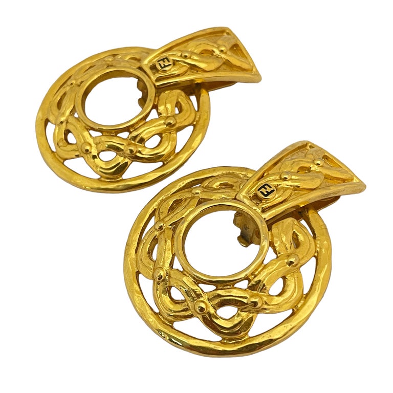 Vintage FENDI logo signed gold designer runway door knocker earrings ...