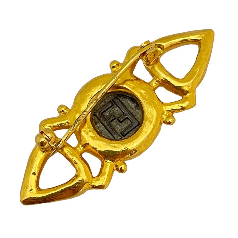 Vintage FENDI logo signed gold silver coin designer runway brooch For ...