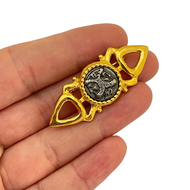 Vintage FENDI logo signed gold silver coin designer runway brooch For ...