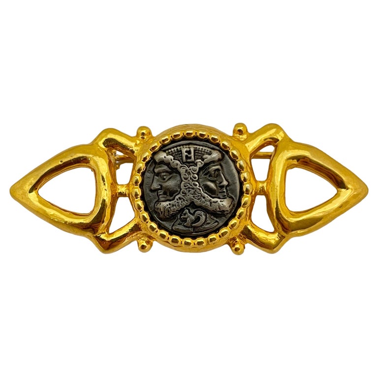 Vintage FENDI logo signed gold silver coin designer runway brooch For ...