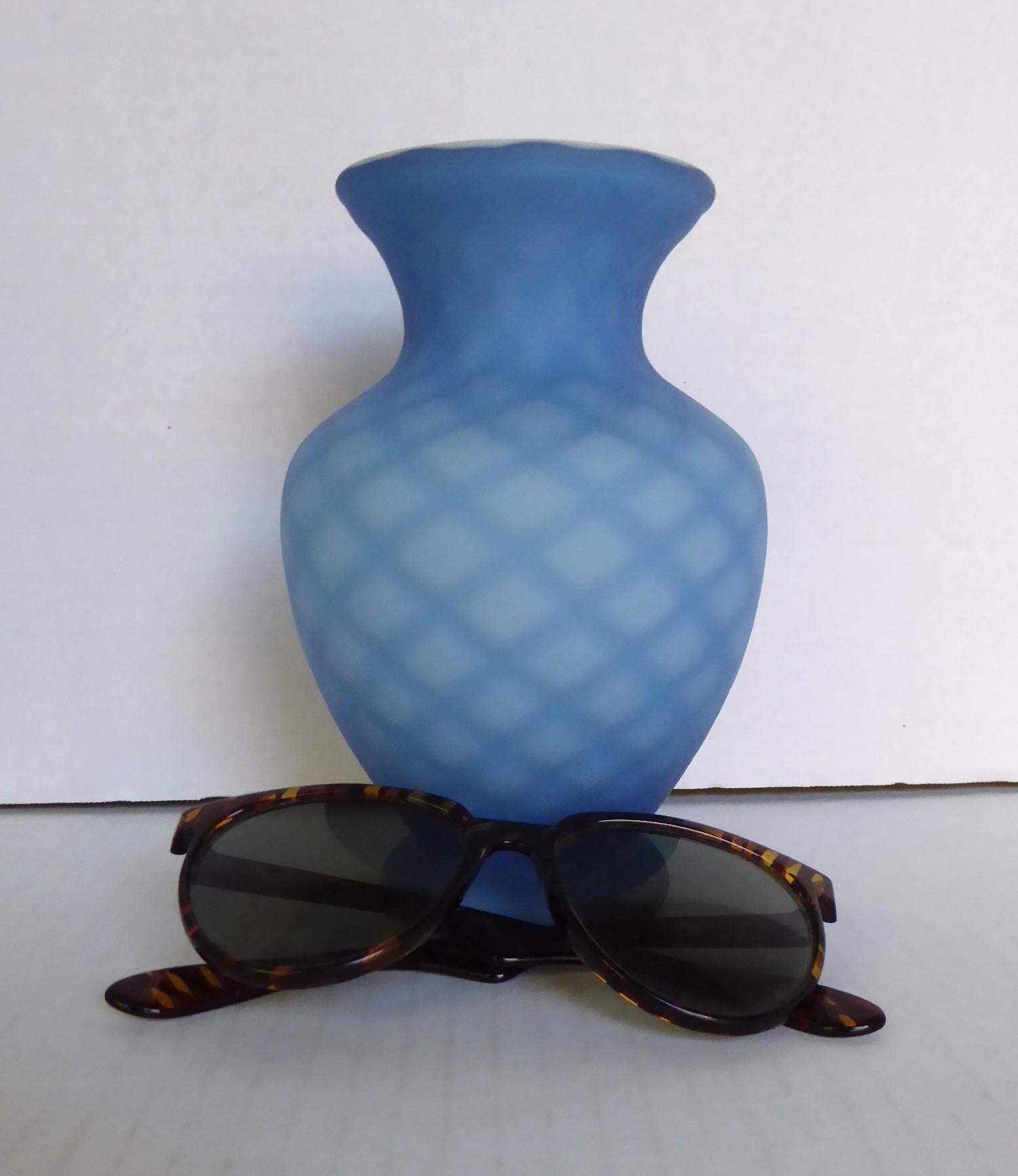 Vintage Fenton Art Glass Blue Handmade Optic Cased Satin Glass Vase ...