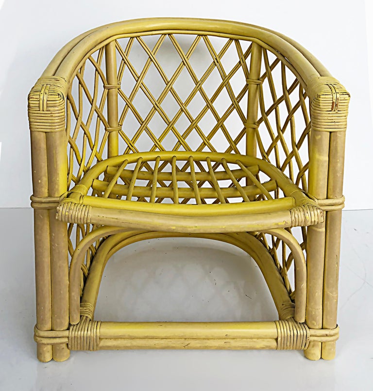 Vintage Ficks Reed Woven Rattan Armchair in Yellow For Sale at 1stDibs