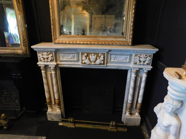 Vintage Fireplace in Carved and Inlaid White Marble, Early 1900s, Italy ...