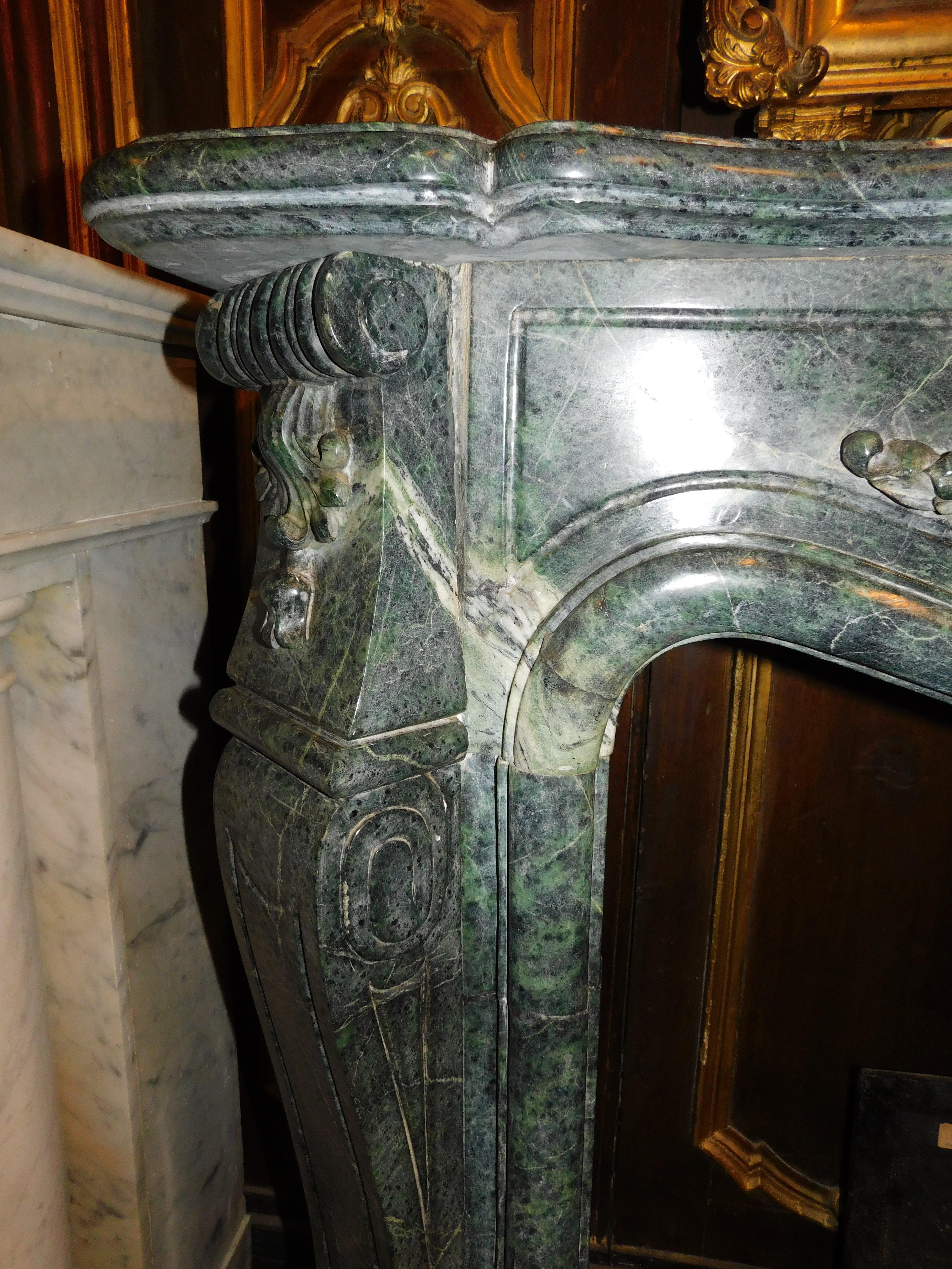 Vintage fireplace mantle in "Verde Alpi" marble, richly carved, Italy ...