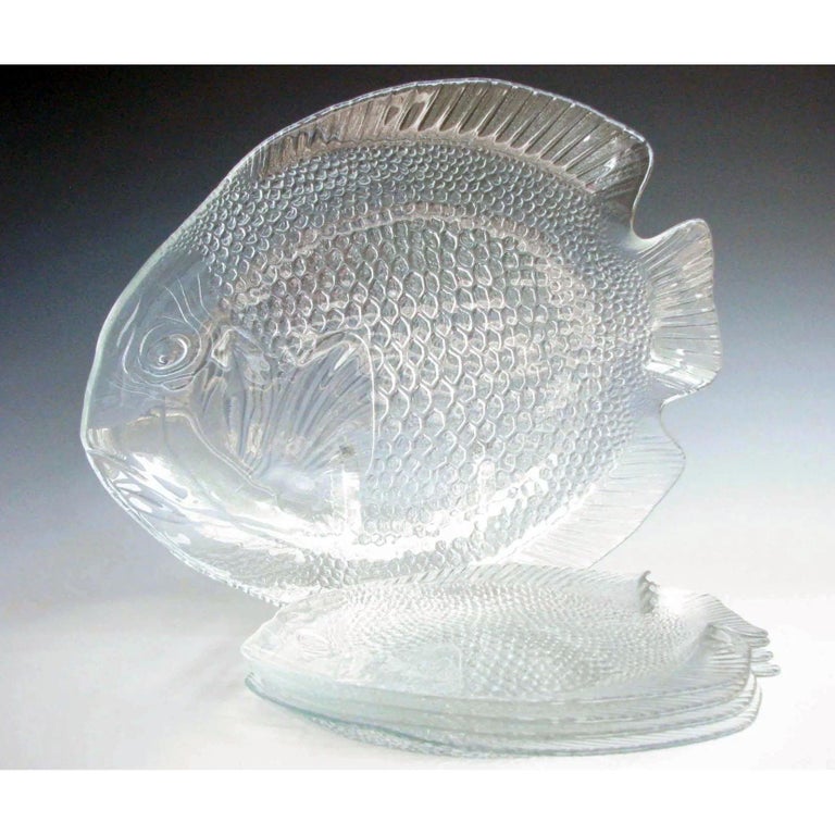 Vintage Fish Glass Platter and 4 Plates, Set of 5, Arcoroc, France ...