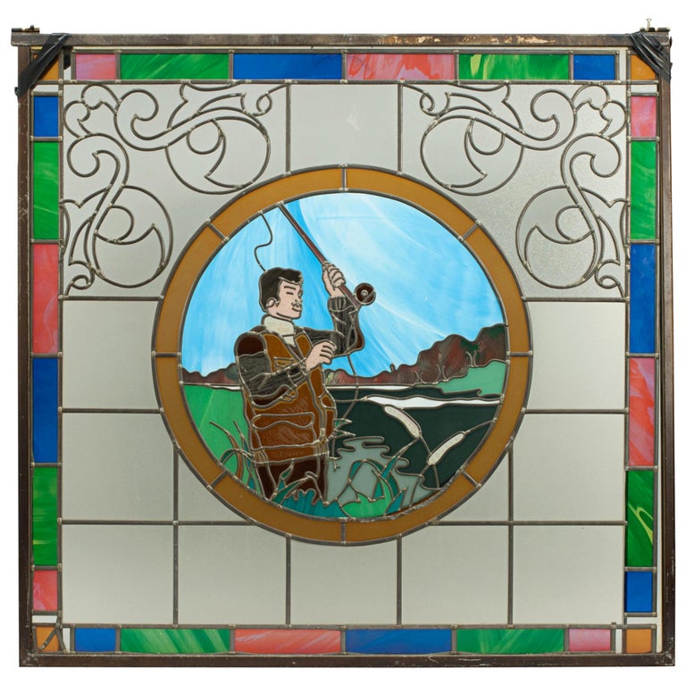 Vintage Fishing Stained Glass Window 1993 from the Mansfield Bar For ...