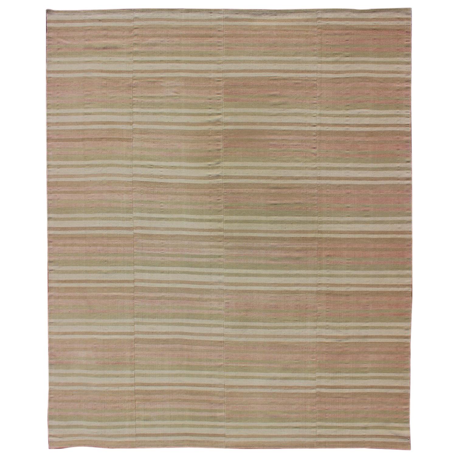 Vintage Flat-Weave Kilim Rug with Horizontal Stripes in Pink, Green and ...