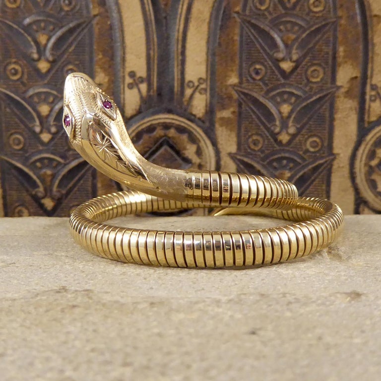 Flexible Snake Bangle Bracelet in 9 Carat Yellow Gold with Garnet Set ...