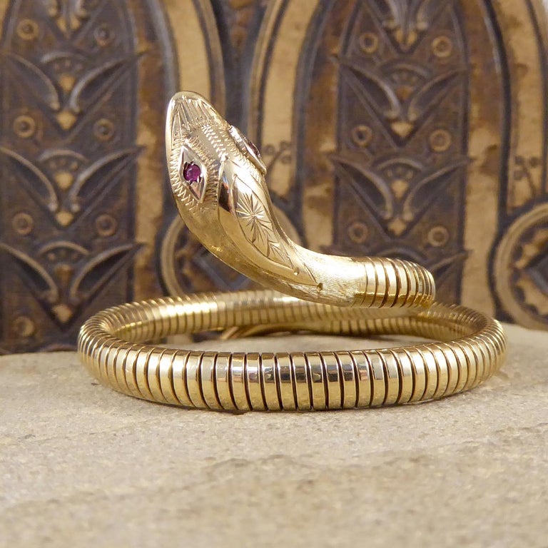 Flexible Snake Bangle Bracelet in 9 Carat Yellow Gold with Garnet Set ...