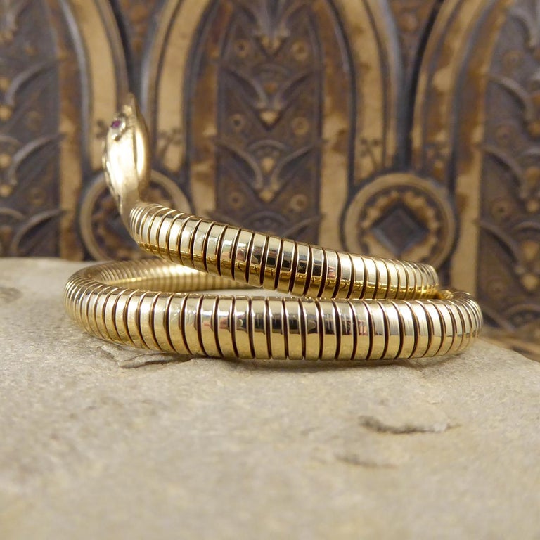 Flexible Snake Bangle Bracelet in 9 Carat Yellow Gold with Garnet Set ...