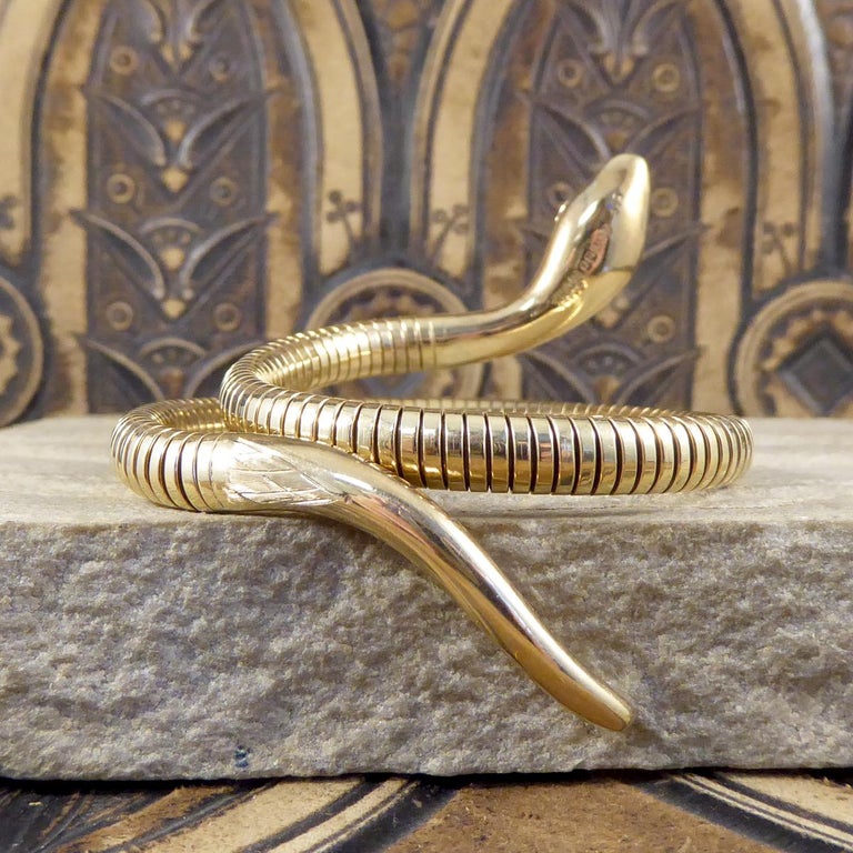 Flexible Snake Bangle Bracelet in 9 Carat Yellow Gold with Garnet Set ...