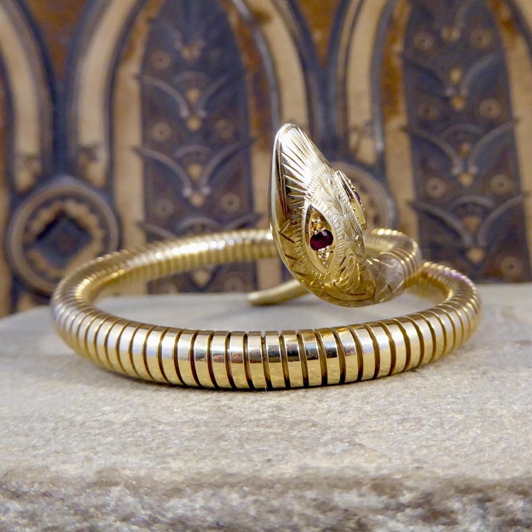Vintage Flexible Snake Bangle Bracelet in 9 Carat Yellow Gold with Ruby ...