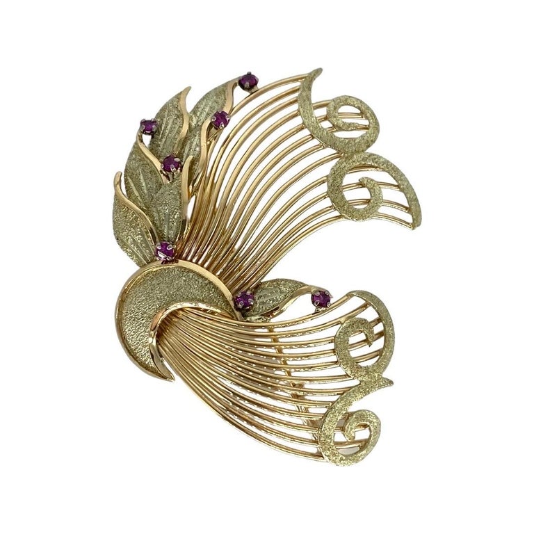 Vintage Floral 0.50 Carat Ruby Dust Design on Leafs Brooch Pin 18k Gold ...