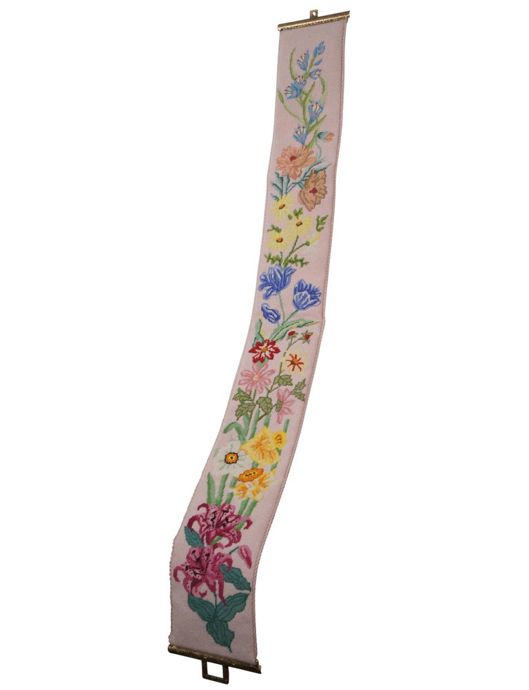 Vintage Floral Embroidered Needlepoint Wall Tapestry Panel Bell Pull ...