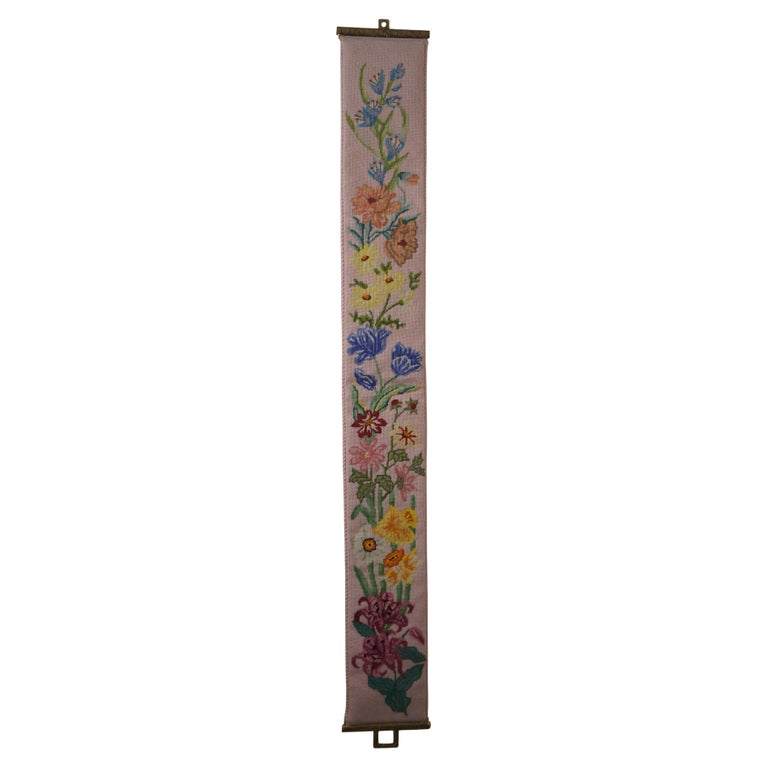 Vintage Floral Embroidered Needlepoint Wall Tapestry Panel Bell Pull ...
