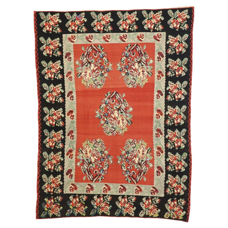 Vintage Floral Turkish Kilim Rug, Flat-Weave Rose Kilim Rug For Sale at ...
