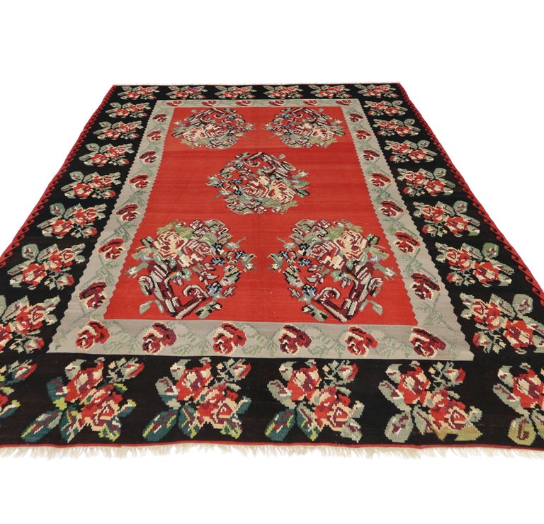 Vintage Floral Turkish Kilim Rug, Flat-Weave Rose Kilim Rug For Sale at ...