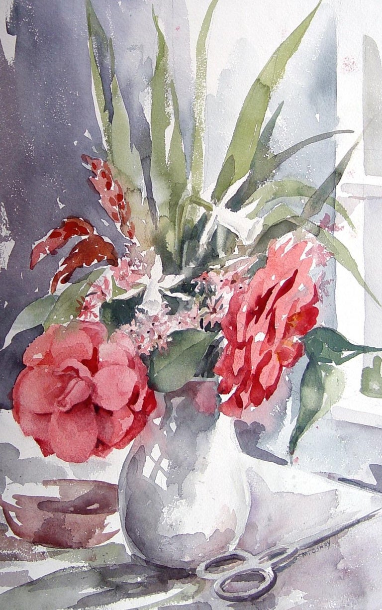 Vintage Flowers at the Window Still Life Watercolor Painting For Sale ...