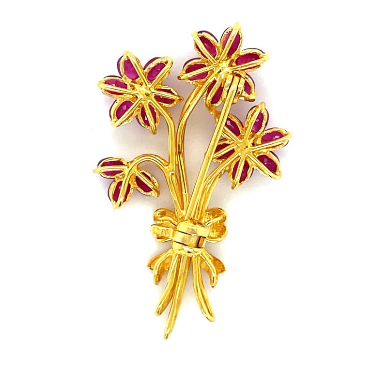 Vintage Flowers Brooch, 22k Yellow Gold, 2 Carat Natural Ruby Estate ...